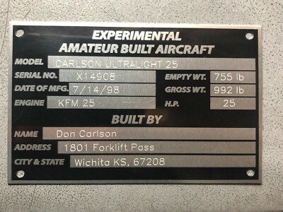 Amateur Built Experimental Aircraft Placard & Data Plate Engraved ...