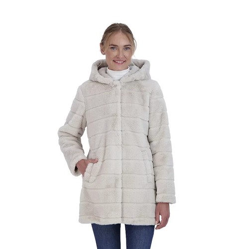 Sebby Collection Beige Hooded Grooved Faux Fur Coat V7214 Womens Size M ...