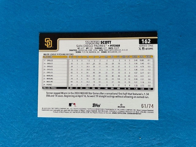 2025 Topps Series 1 Tanner Scott Black SP Parallel #61/74 Padres Card ...