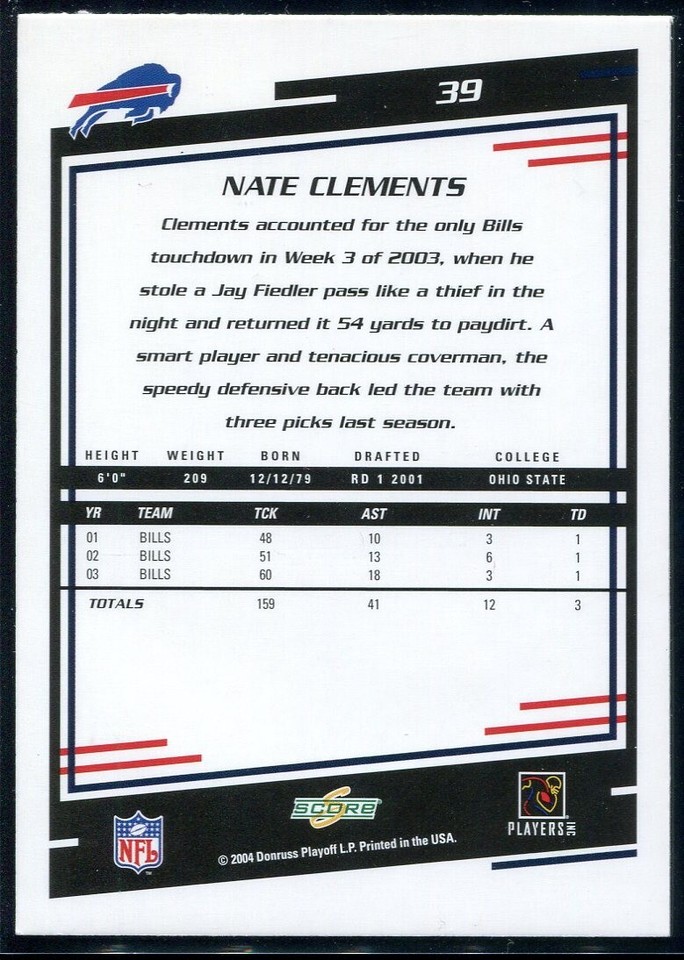 2004 Donruss Score Playoff Nate Clements #39 Buffalo Bills | eBay