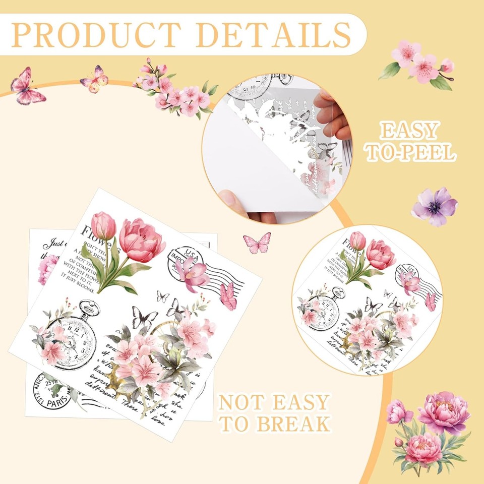 Vintage Floral Rub on Transfers for Crafts: 12 Pcs Pink Flower Rub on ...