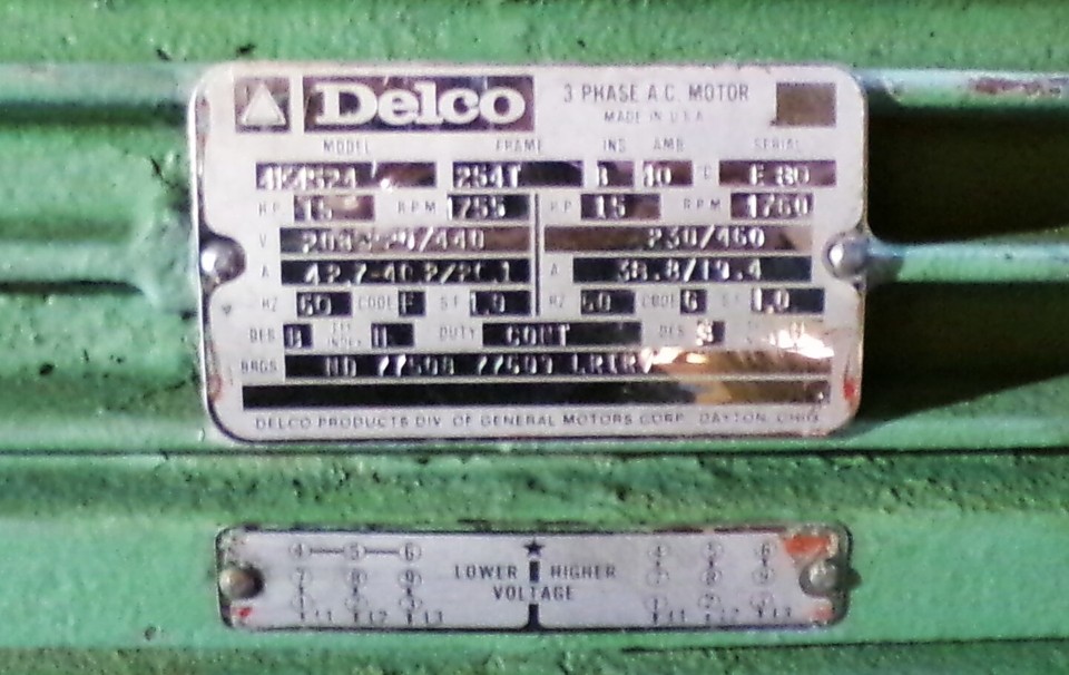 Delco 4K4524 15hp AC Motor 254T Frame 1760rpm 230/460v 60hz Used Take ...