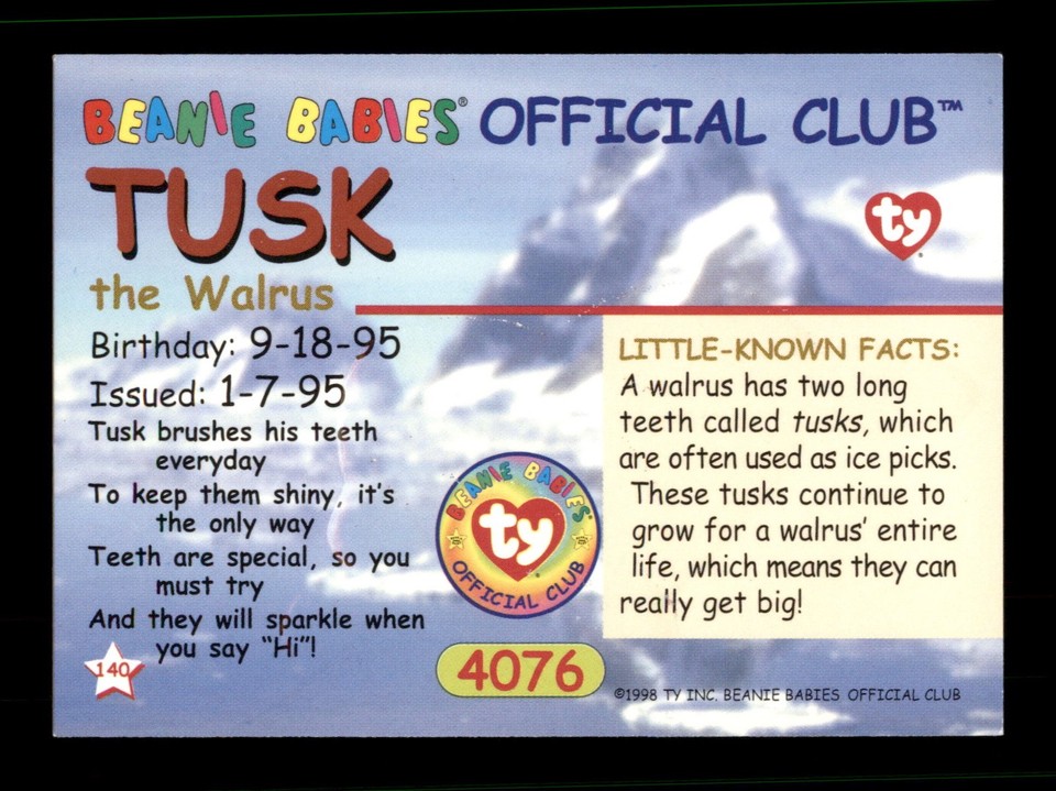 4076 Ty Beanie Baby Tusk The Walrus 140 1998 Series 1 Trading Card TCG ...