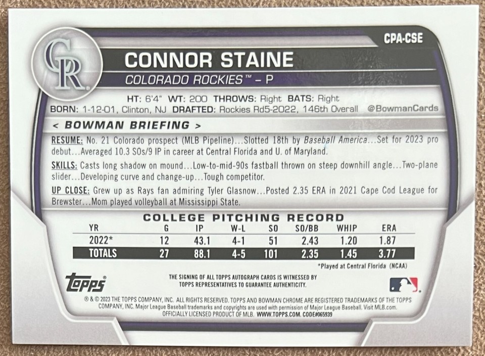 Connor Staine 2023 Bowman Chrome Autograph #CDA-CSE Rookie Colorado ...