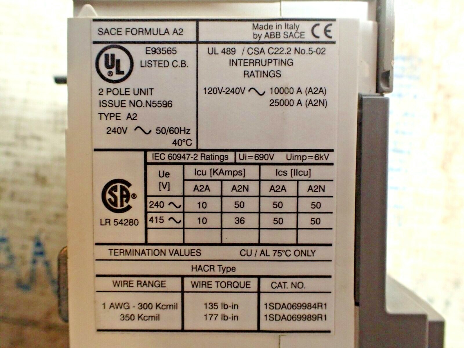ABB Breaker SACE Formula A2a 250 225a 225 a Amp 240vac 3 Pole for sale ...