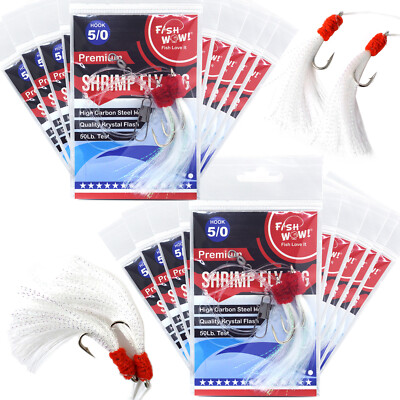 20pks 5/0 White Fishing Shrimp Fly Rig Krystal flash Rockfish Ling Rock ...