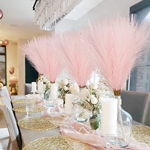 50pcs Pink Faux Pampas Grass Decor, 26" Short Artificial Pompous Grass ...