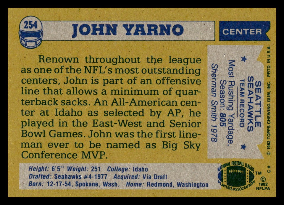1982 Topps #254 John Yarno Seattle Seahawks Football Card EX/NM | eBay