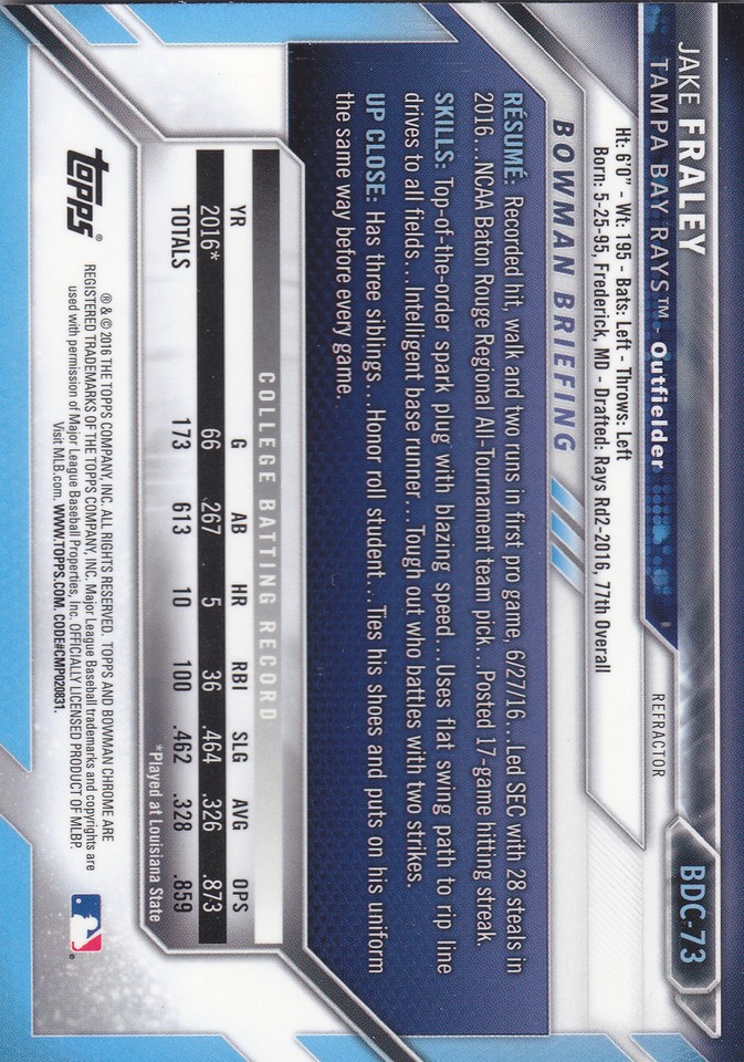 2016 Bowman Draft #BDC-73 Jake Fraley Tampa Bay Rays Chrome Refractor ...
