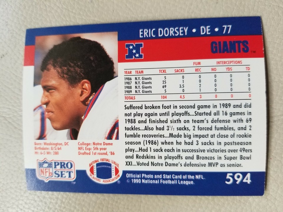 Eric Dorsey New York Giants Defensive End Pro Set 1990 Card #594 | eBay