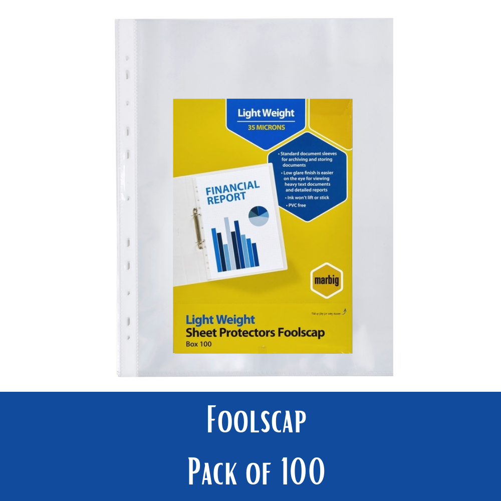 Marbig Foolscap Sheet Protectors Light Weight Copy Safe Low Glare 100 ...