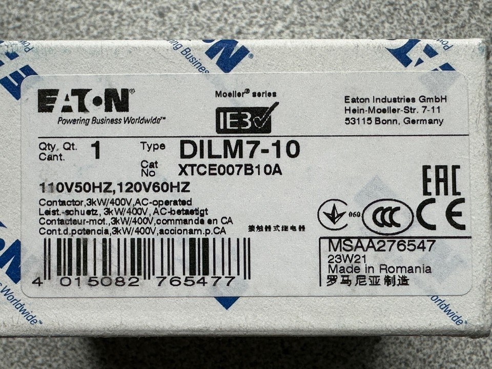 NEW EATON XTCE007B10A Contactor DILM7-10 110Vac 50Hz 120Vac 60Hz Coil ...