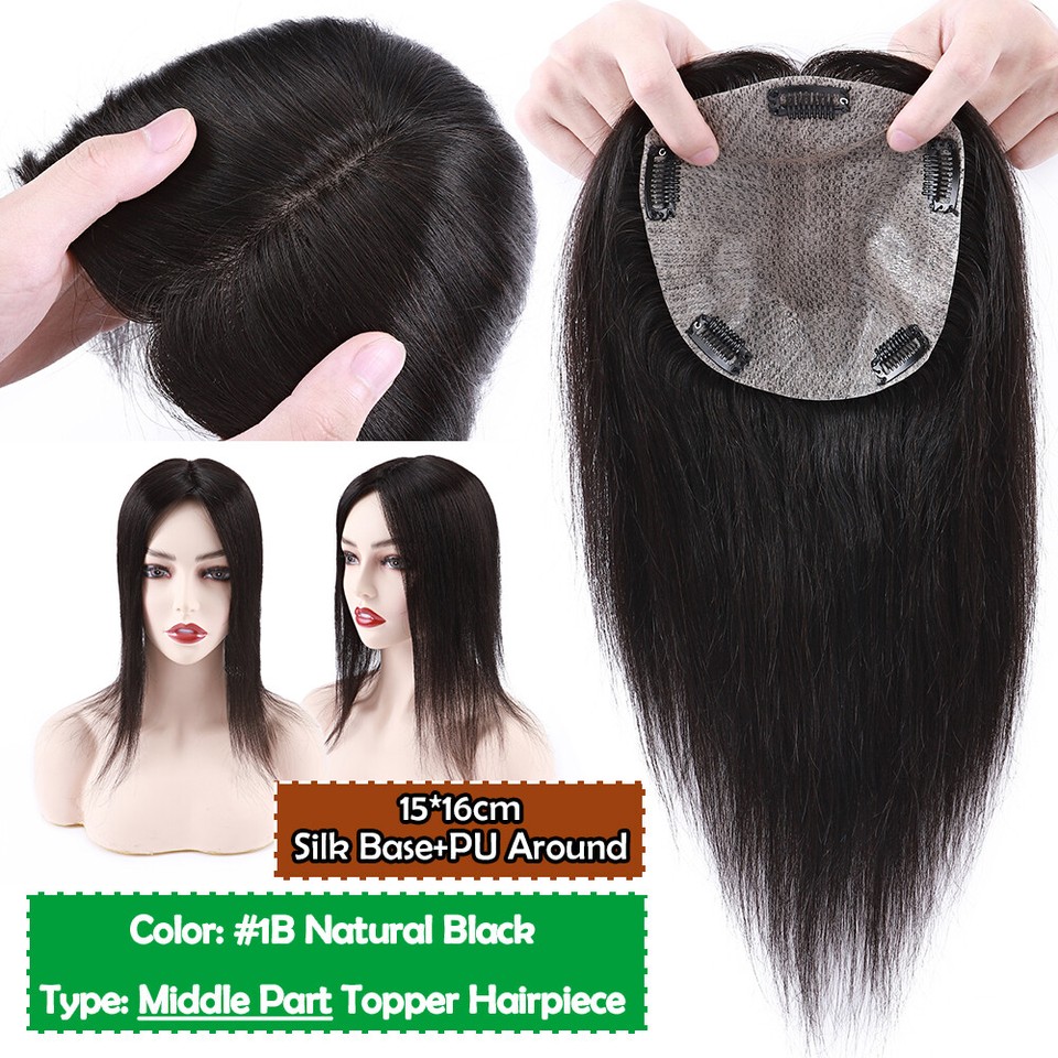 Real Remy Human Hair Toppers Toupee Extensions Clip in Top Middle Part ...