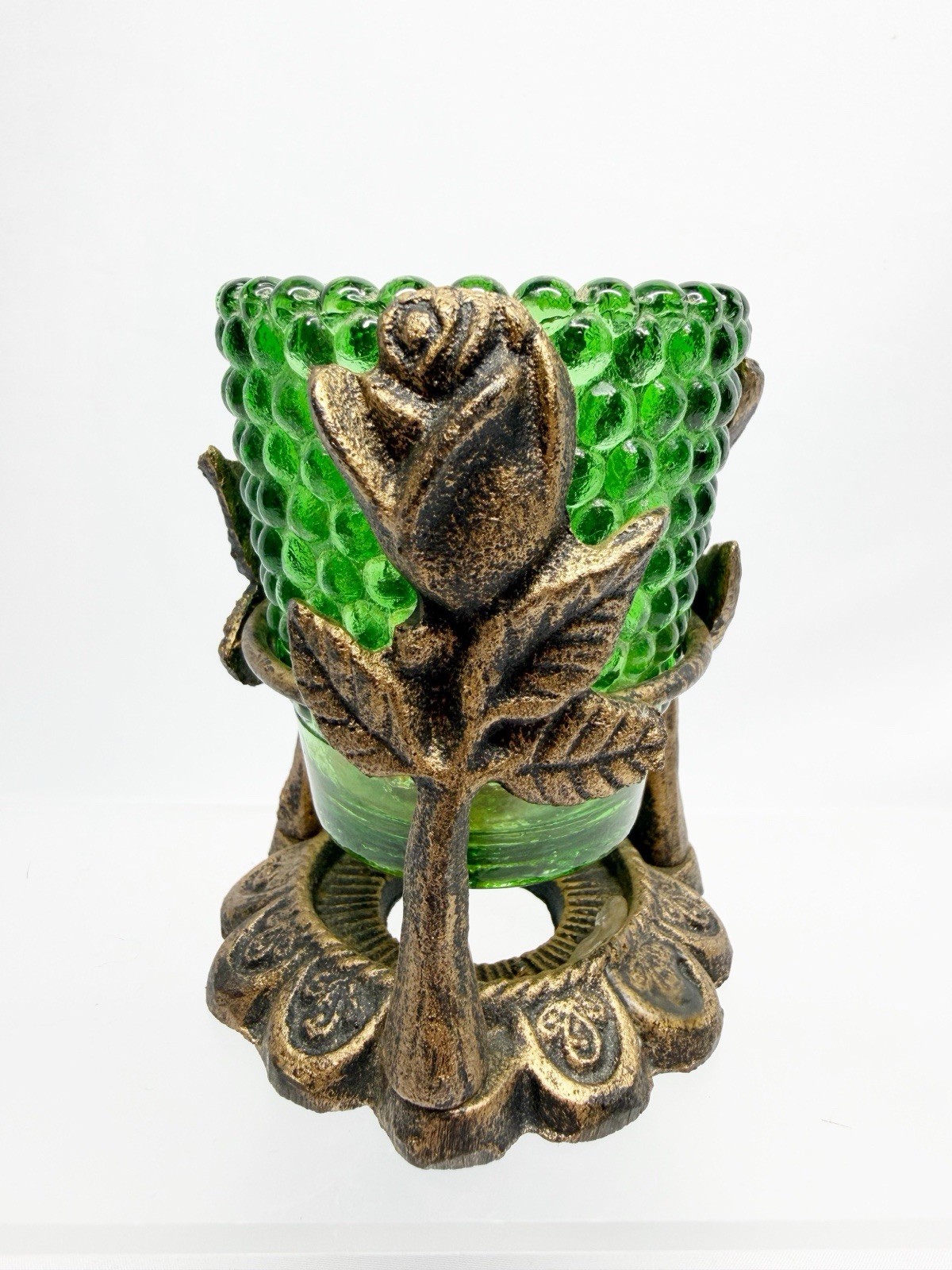 Vintage Floral Cast Iron Green Hobnail Glass Votive Candle Holder | eBay