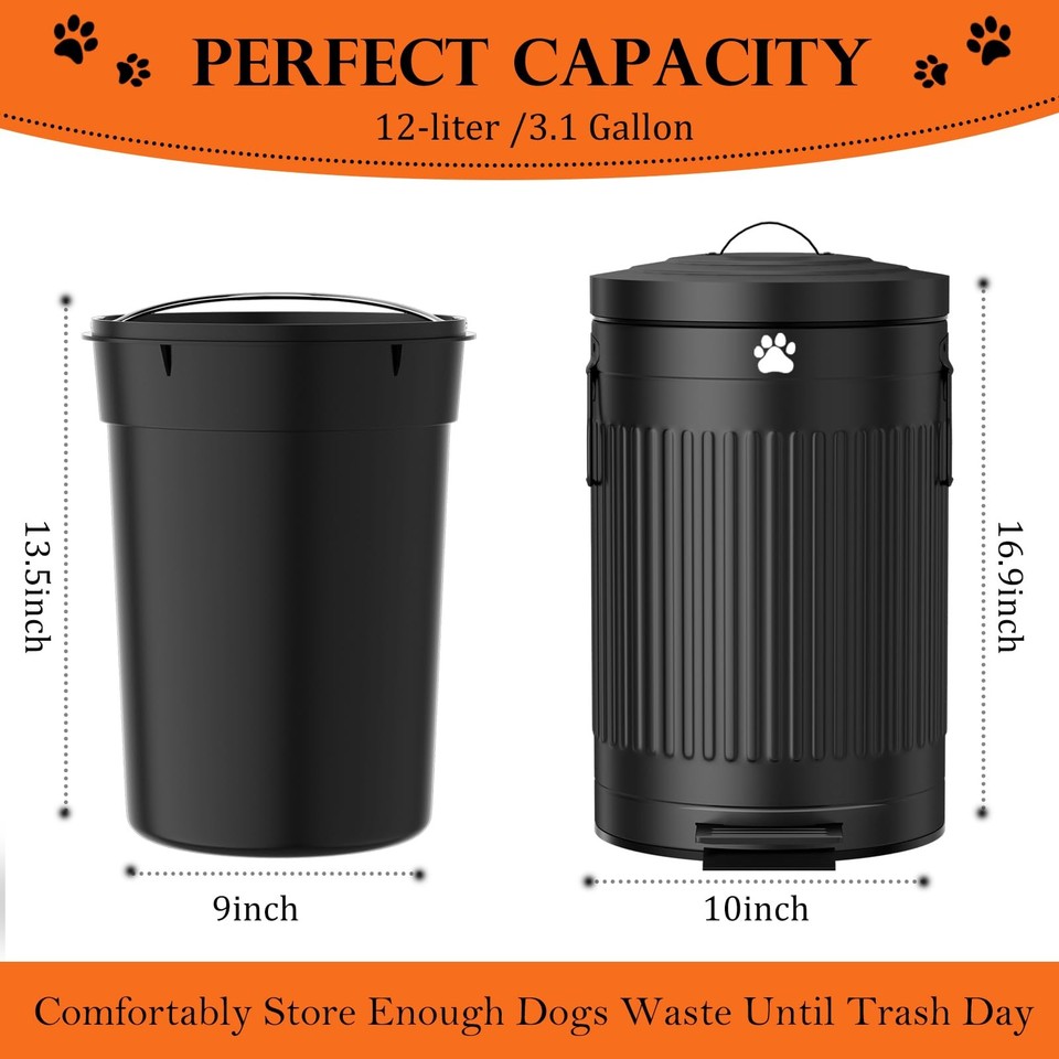 Dog Poop Trash Can Outside, 12L/3.1Gal Metal Dog Waste Trash Can with ...