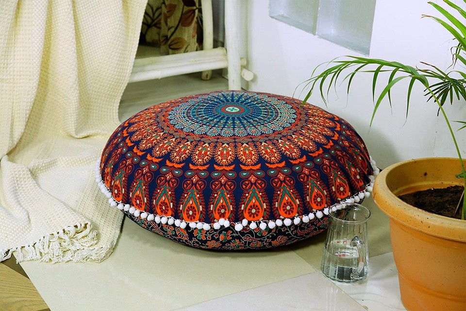 22" 32" Mandala Cushions Cover Soft Round Floor Cushion Indian Cotton ...