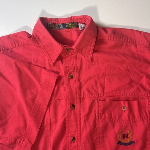 Vintage Bugle Boy Mens L Red Short Sleeve Button Front Shirt Logo ...