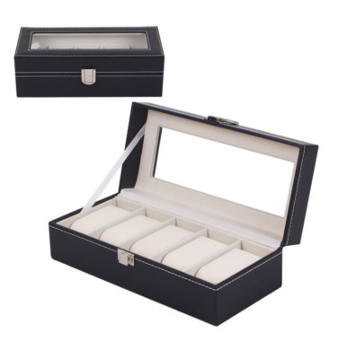 5 Slot Watch Box Leather Display Case Organizer Top Glass Jewelry ...