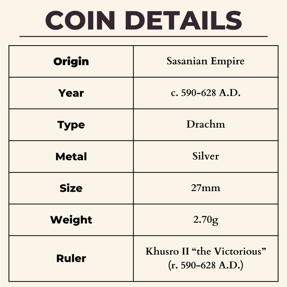 Sasanian Drachm Ancient Sassanid Empire Silver Coin Khusro II 590AD | eBay