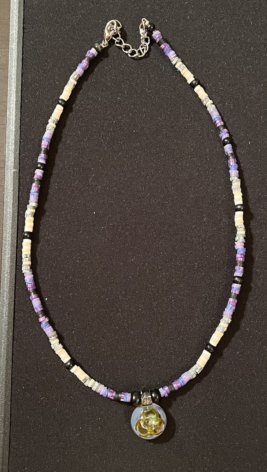 Vintage 90s Purple White Beaded Necklace w/ Subtle “Toxic Symbol” Glass ...