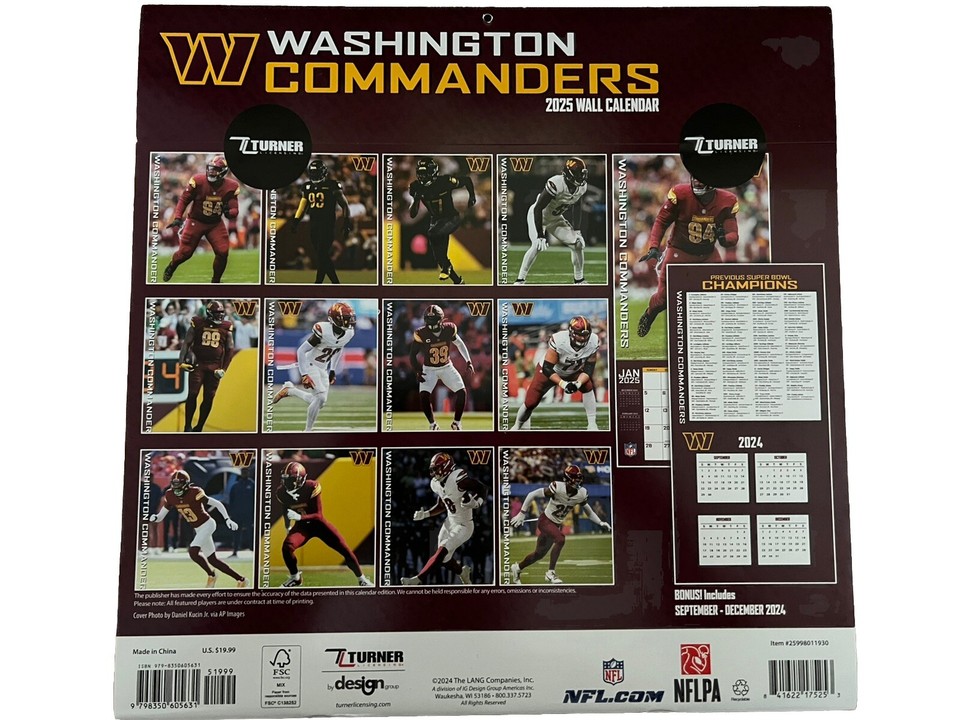 Washington Commanders NFL 2025 Wall Calendar 12”x12” | eBay