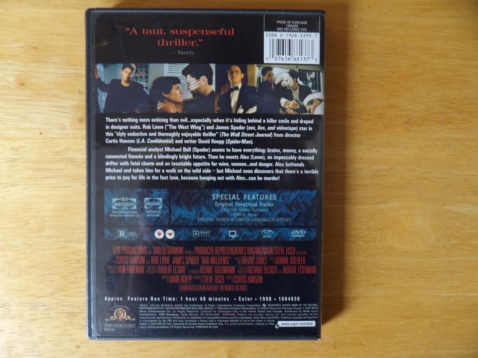 Bad Influence DVD Rob Lowe James Spader VERY GOOD Widescreen 1990 | eBay UK