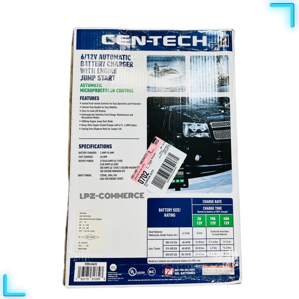 CEN-TECH 2/10/40/200A 6/12V Automatic Battery Charger with Engine Jump ...