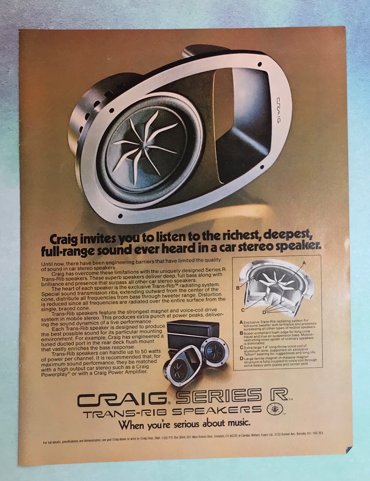 vintage 1970s mag print ad CRAIG Series R Car Stereo tech music ...