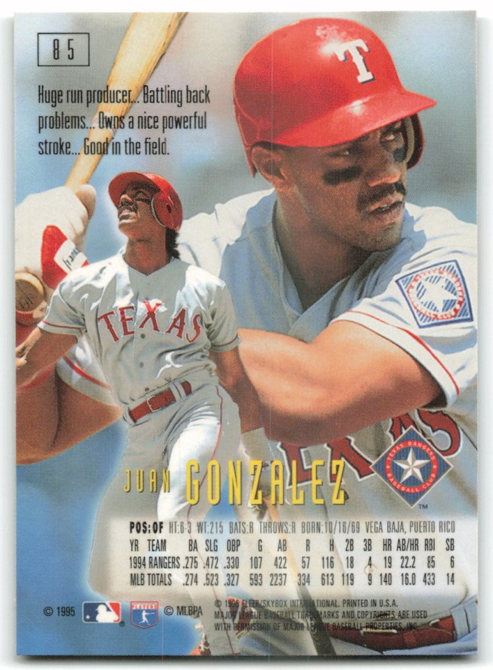 1995 SkyBox E-Motion #85 Juan Gonzalez Texas Rangers 3AB | eBay