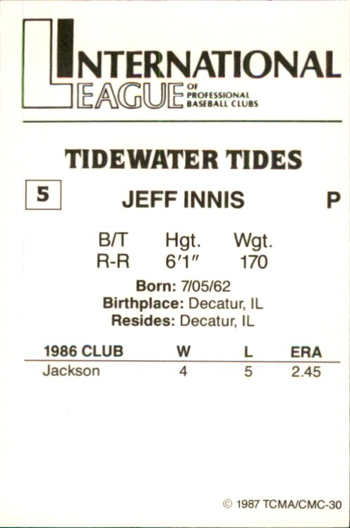 1987 Tidewater Tides TCMA #5 Jeff Innis Decatur Illinois IL - NM ...