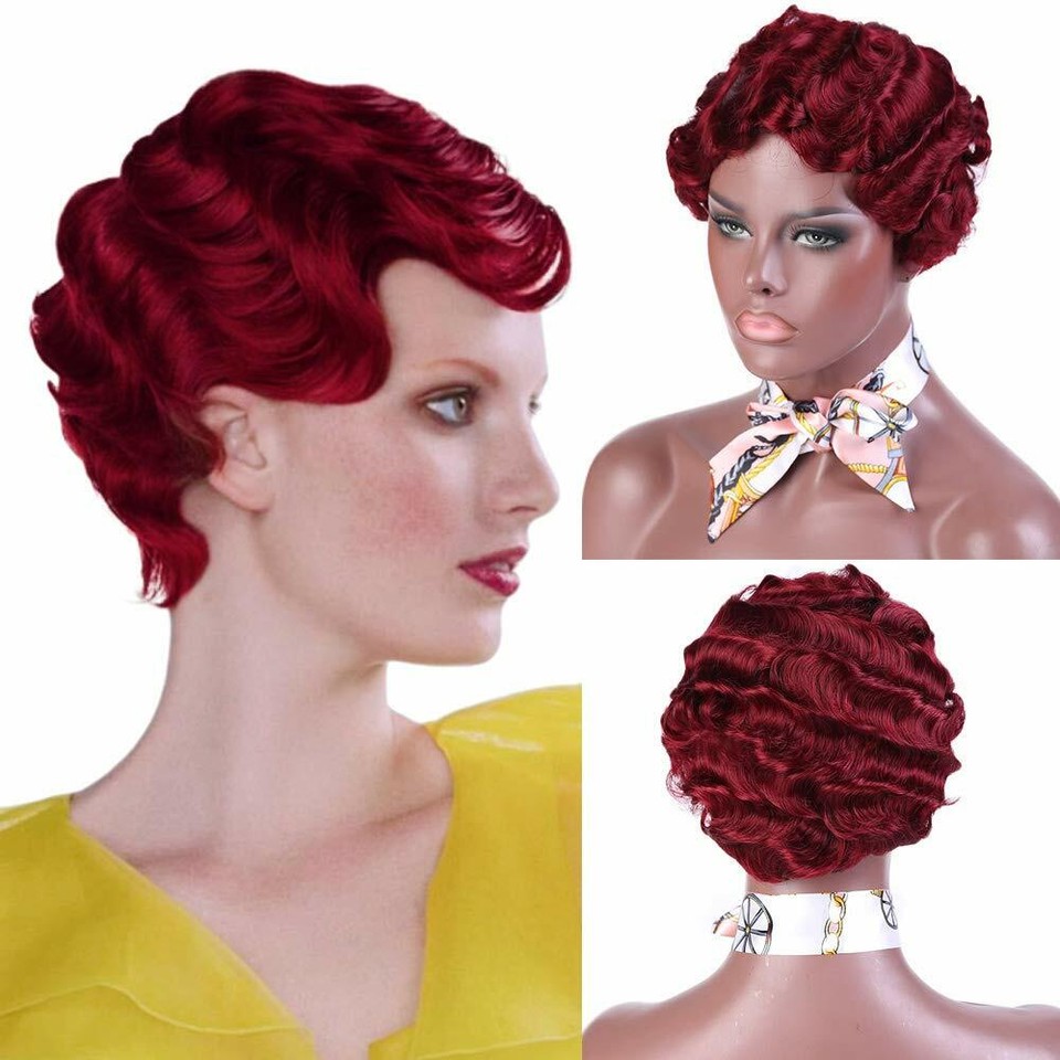 Burgundy Red Finger Wave Remy Human Hair Wigs Short Wave Pixie Wigs ...
