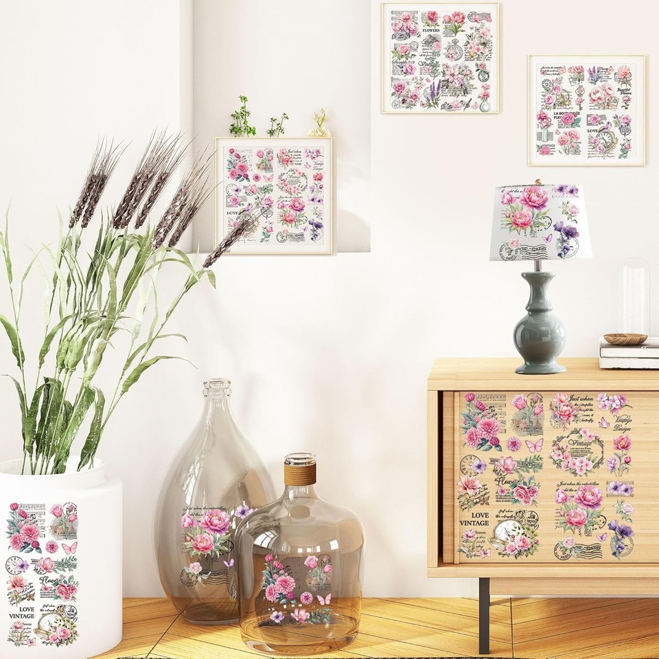 Vintage Floral Rub on Transfers for Crafts: 12 Pcs Pink Flower Rub on ...