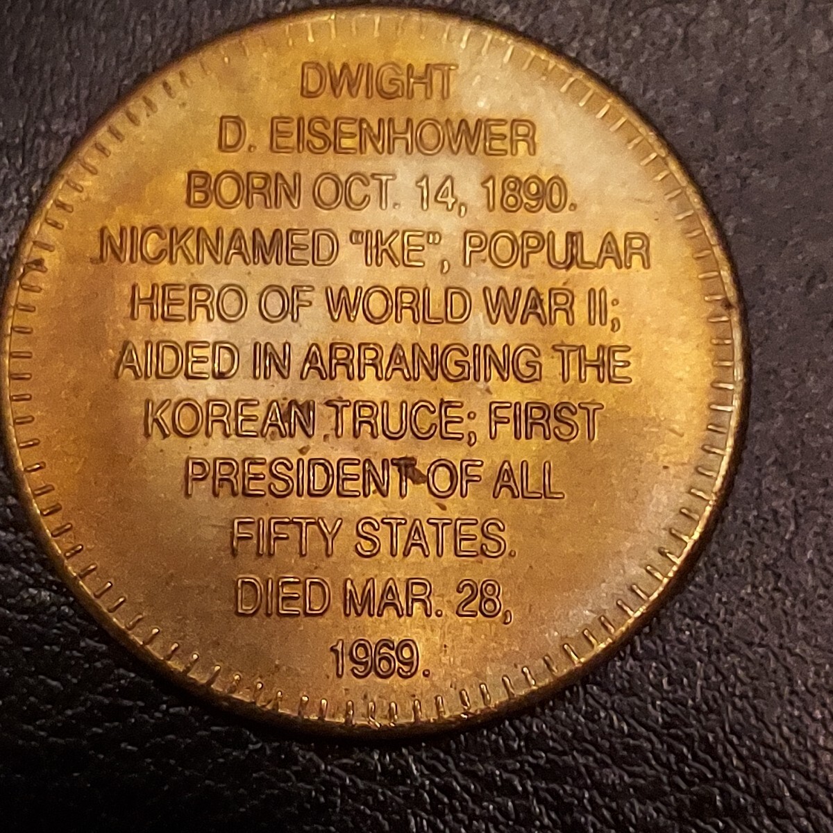 DWIGHT D EISENHOWER 34th PRESIDENT COPPER BRASS COMMEMORATIVE TOKEN ...