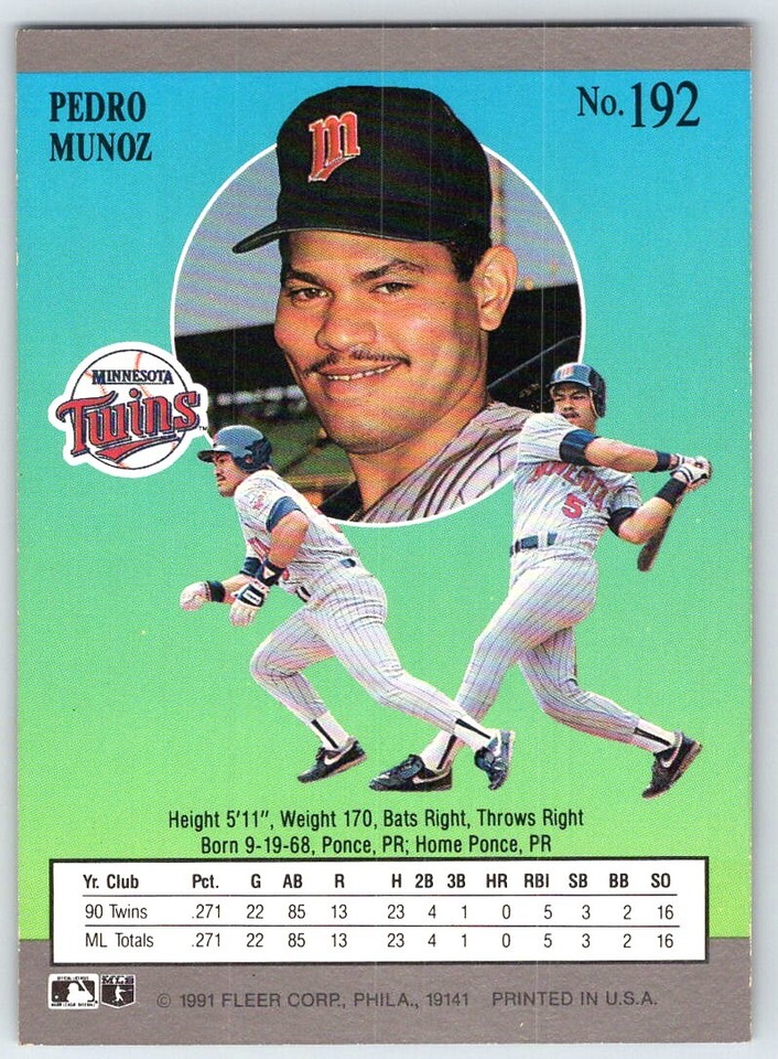 1991 Fleer Ultra Baseball Card Pedro Munoz #192 RC Minnesota Twins | eBay