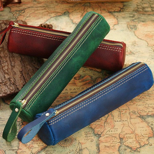 Handmade Genuine Leather Pen Pouch Stationery Storage Pen Bag Zipper ...
