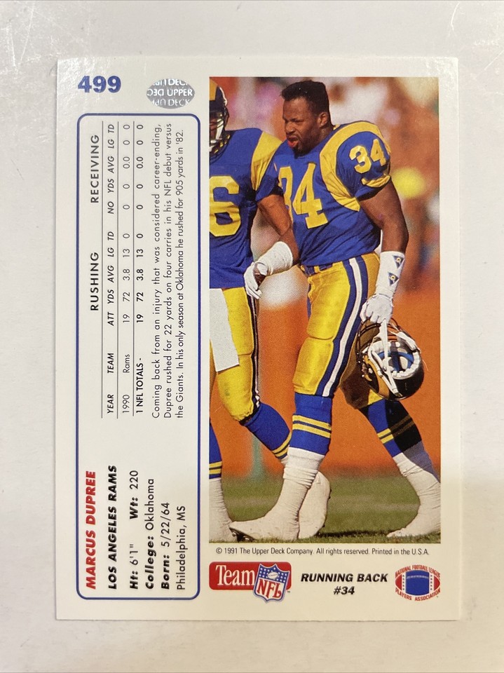 1991 Upper Deck Marcus Dupree Autographed Card #499 Los Angeles Rams A ...