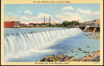 Lawrence, Massachusetts MA The Dam, Merrimac River Original Vintage ...