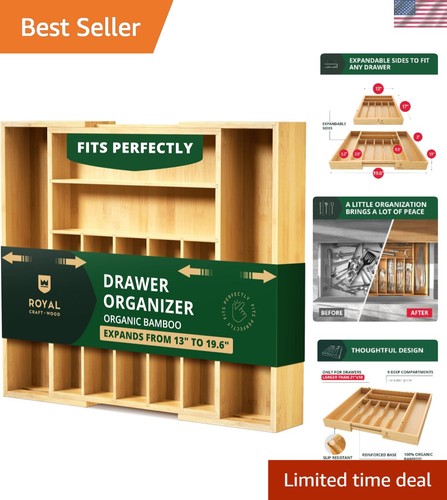 Luxury 9-Slot Bamboo Kitchen Drawer Organizer - Expandable & Adjustable ...