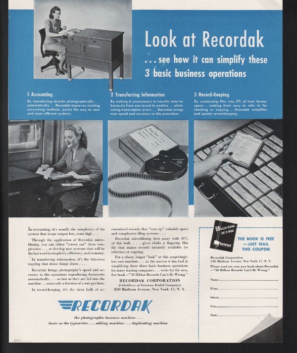 1946 RECORDAK ACCOUNTING RECORD KEEPING MICROFILM KODAK SECRETARY 21208 ...
