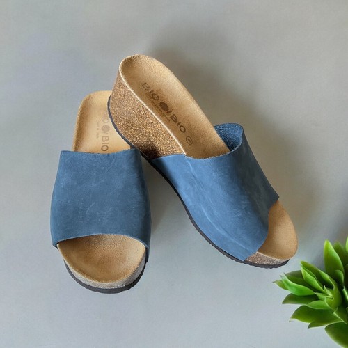 Bio Bio Spain Cork Platform Slip On Sandals Size 9 Blue Nabuck Leather ...
