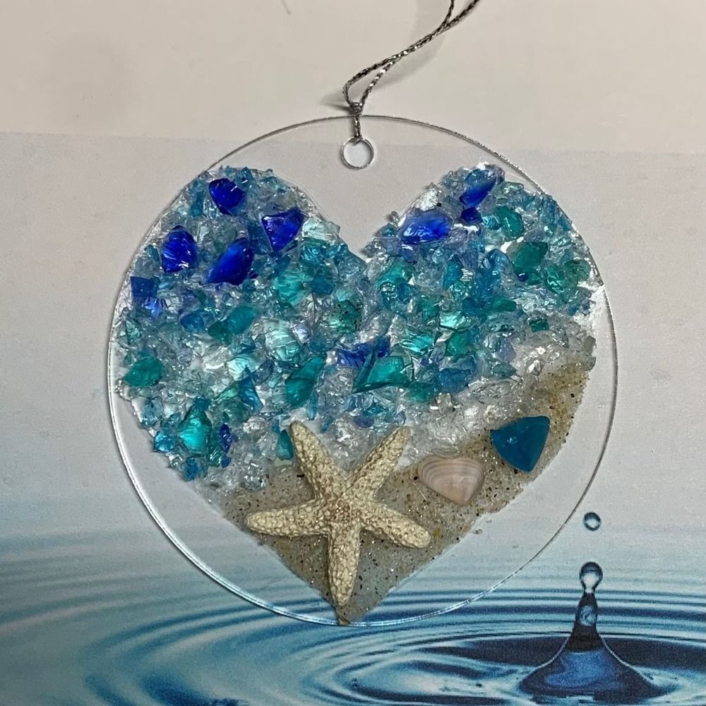 Round Sea Glass Sun Catcher Shell Beach Ornament Couple Crashing Wave ...