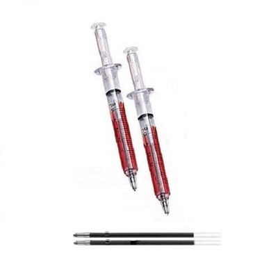2 NOVELTY 'BLOOD RED' SYRINGE PENS & black refills- great value ...