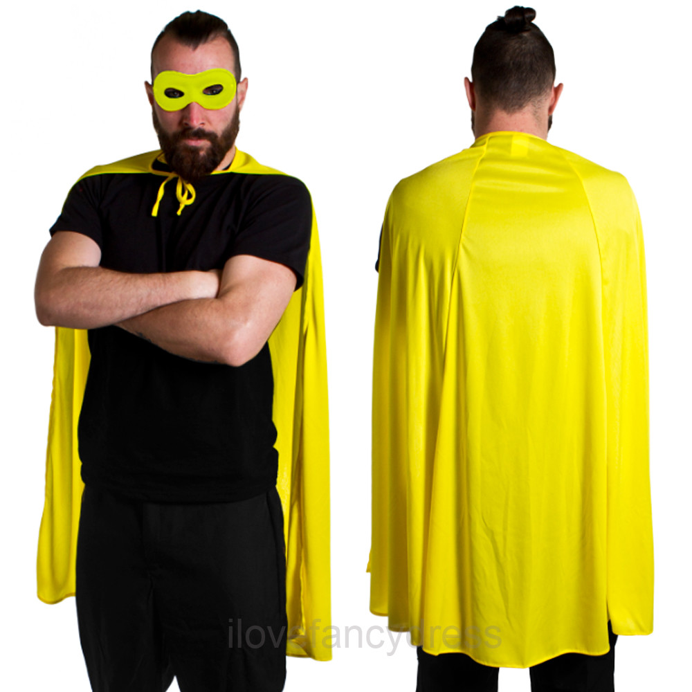 YELLOW SUPERHERO CAPE AND MASK ADULT CHARACTER FANCY DRESS SET COMIC ...