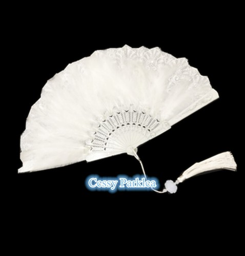 SN-D5-2 White Metallic Lace Feather Hand Fan Belle Bride Flapper ...