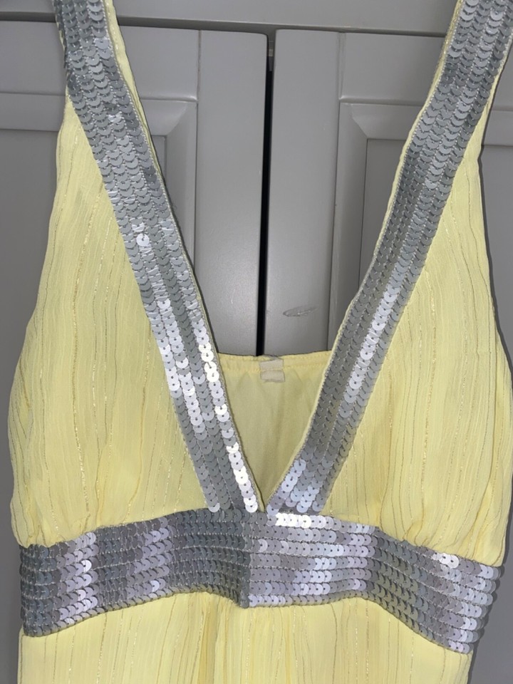 Y2K Chiffon Yellow Lemon Dress Size 8 Silver Sequin Prom Diva Floaty ...