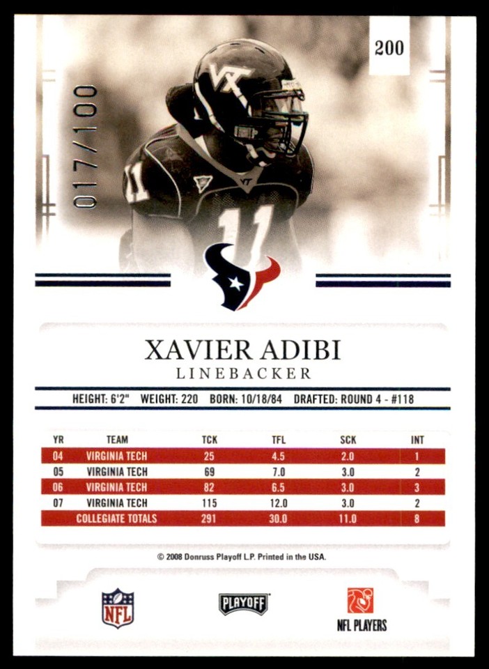 Xavier Adibi 2008 Playoff Prestige RED Card# 200 RC 017/100 | eBay