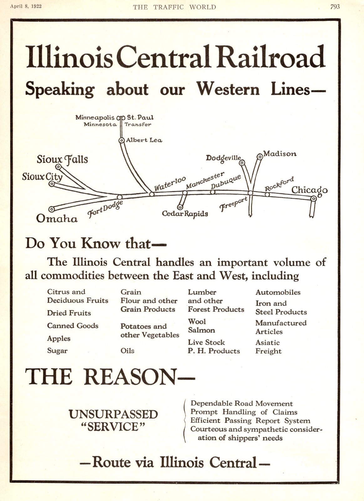 1922 Ad * Illinois Central Railroad Map Omaha Sioux Falls Waterloo ...