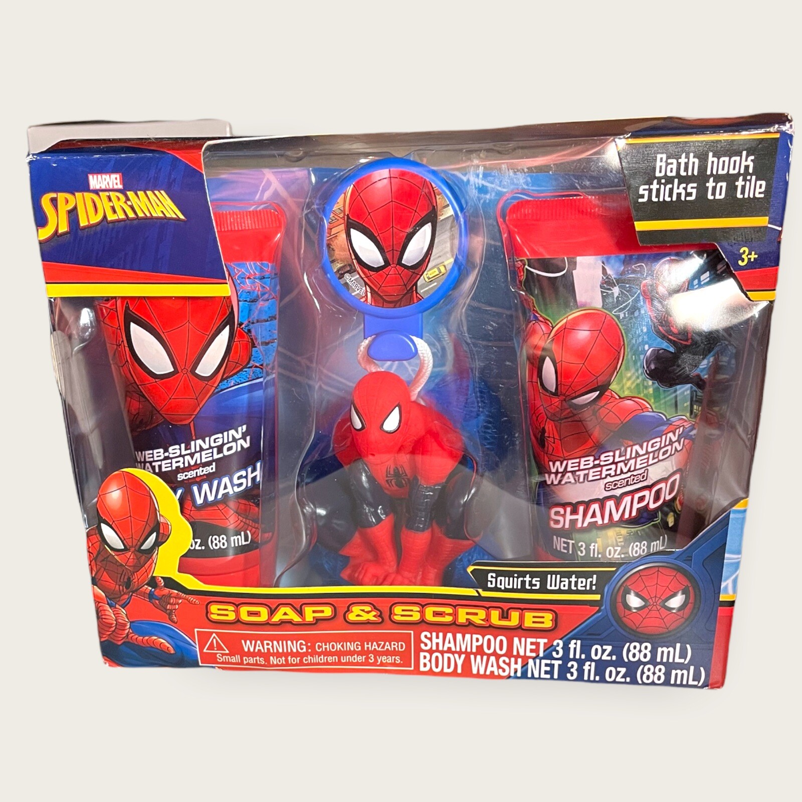 Marvel Spiderman Soap & Scrub NEW Bath Set Shampoo Body Wash Bath Hook ...