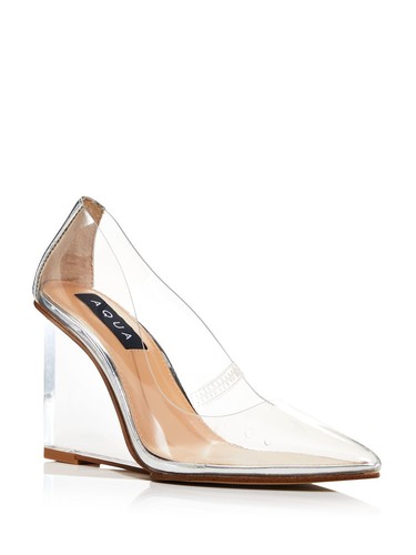AQUA Womens Clear Translucent Clear Pointed Toe Wedge Slip On Pumps ...