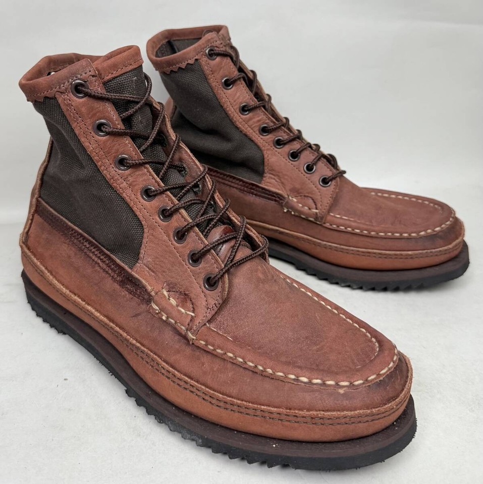 RUSSELL MOCCASIN Boots Nylon Canvas Leather Brown Safari Work Boots ...